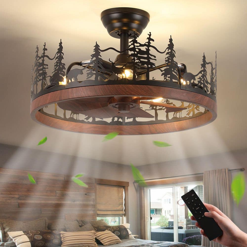 JUSHENG 15.7 in. Farmhouse Walnut Flush Mount Ceiling Fan with Light Rustic Fandelier Fan with ...