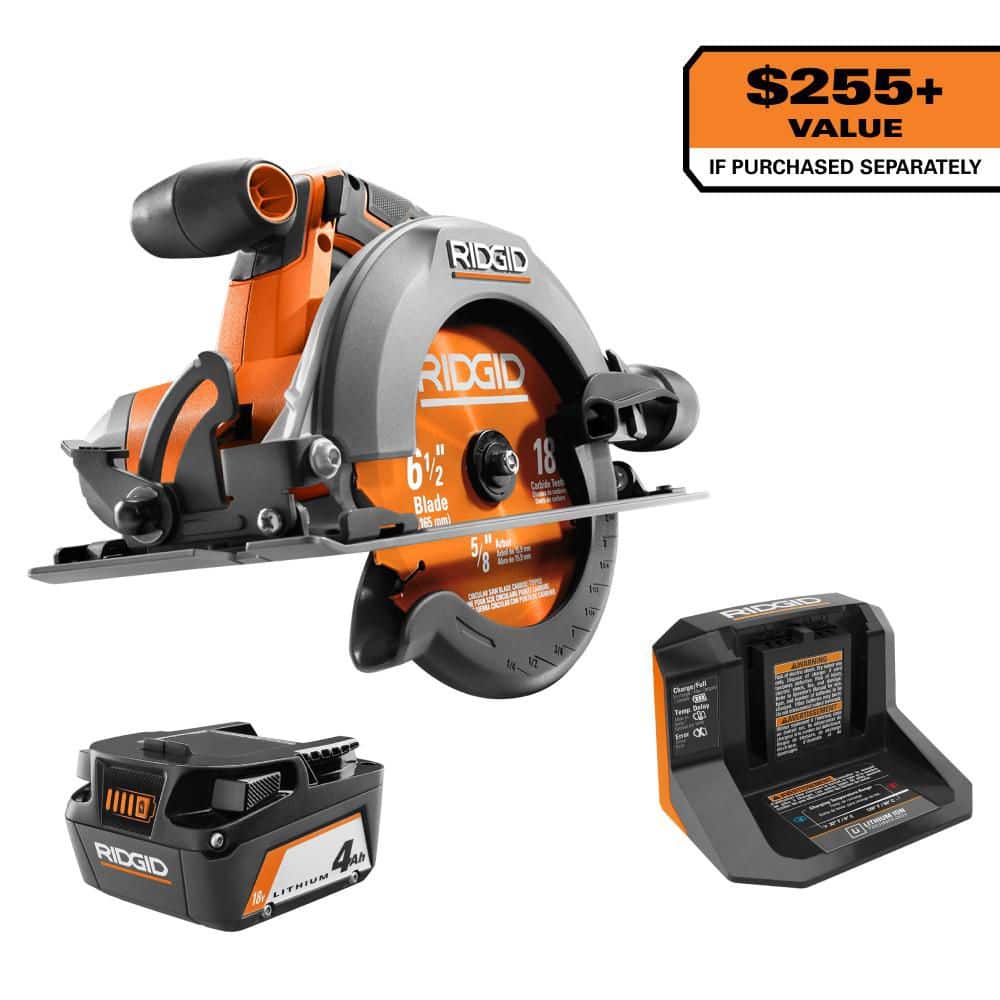 RIDGID 18V Cordless 6-1/2-in. Circular Saw Kit with 4.0 Ah Battery and ...