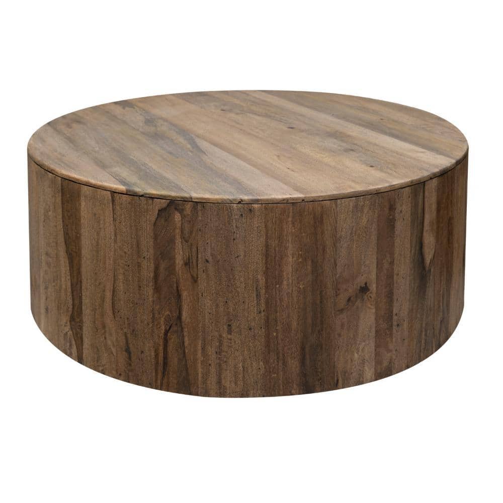Benjara Eray 42 in. Brown Round Wood Coffee Table Solid Cylindrical ...