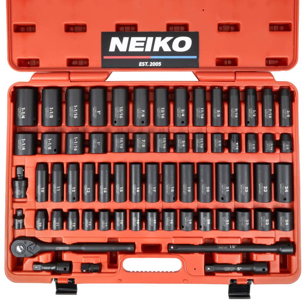 NEIKO 1/2 in. Drive Master SAE and Metric 6-Point Deep and Shallow Impact Socket Set (65 Piece ...