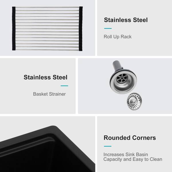 JimsMaison 32 in. Undermount Single Bowl Black Quartz Kitchen Sink with ...