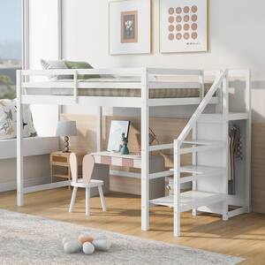 Qualler White Twin Size Loft Bed with Multifunctional Movable Built-in ...