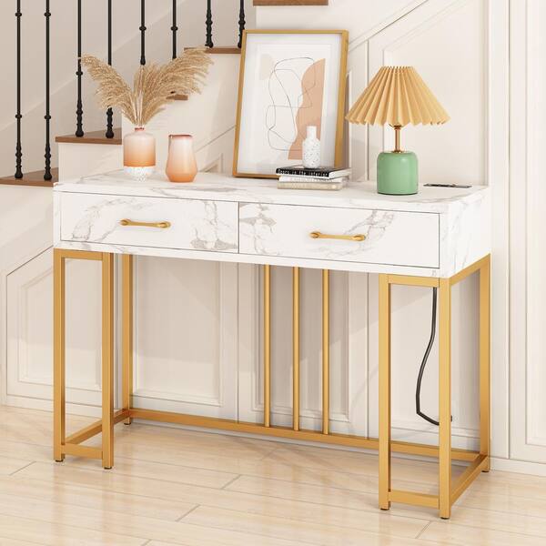 Karl home Modern Style 42.52 in. White and Gold Rectangle Marble Grain MDF Console Table with 2 Drawers and Outlet 302558800966 The Home Depot
