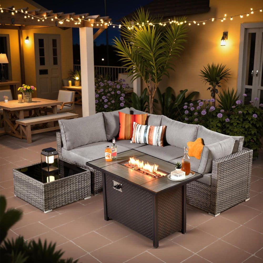 Caodoc Elora Gray 6‑Piece Wicker Outdoor Sectional Set with Fire Pit ...