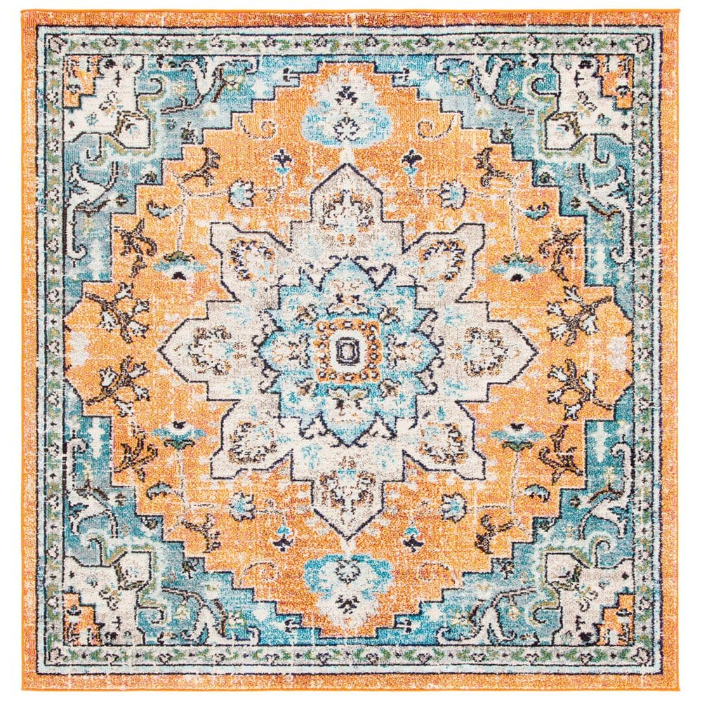 SAFAVIEH Madison Orange/Teal 8 ft. x 8 ft. Border Geometric Floral ...