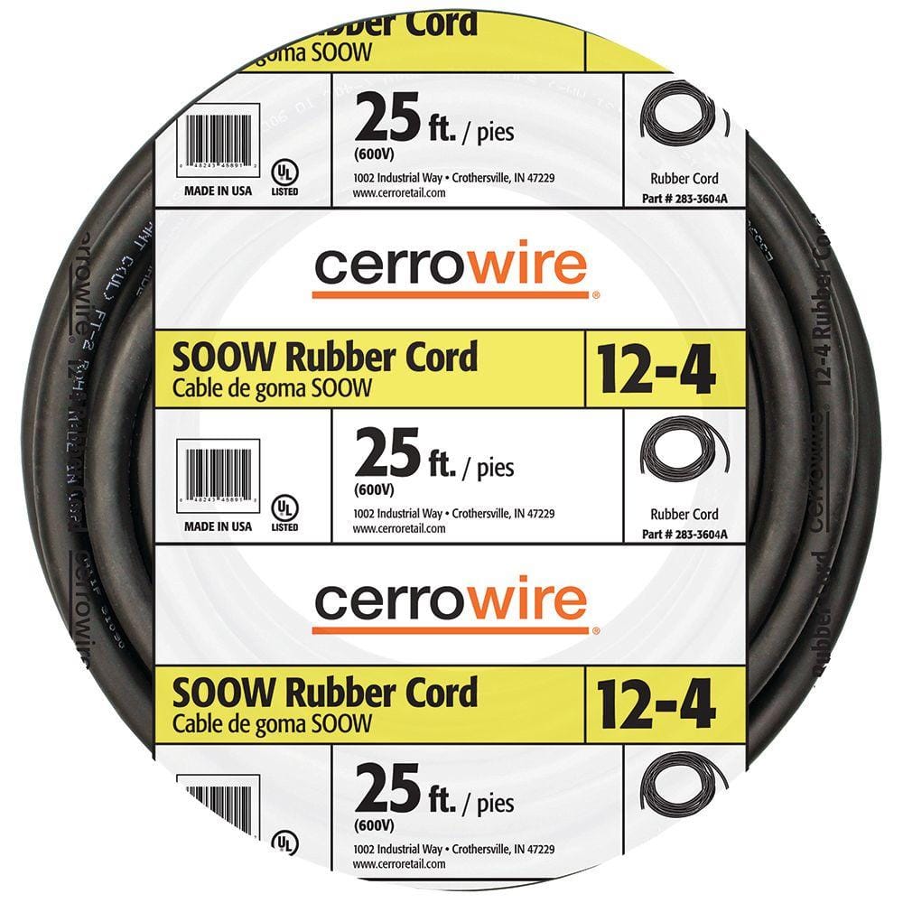 Cerrowire 25 ft. 12/4 600-Volt Black SOOW Cord 283-3604A - The Home Depot