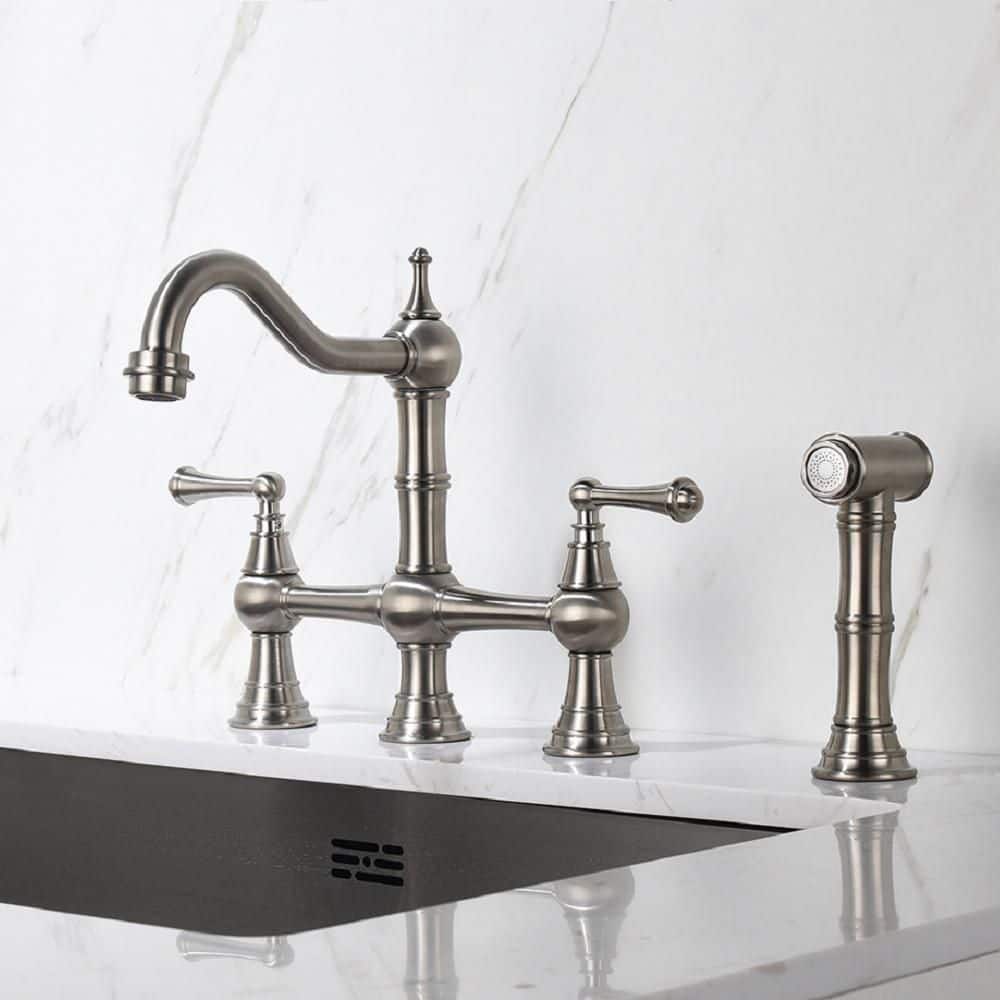 Double Handle Bridge Kitchen Faucet with Side Sprayer in Brushed Nickel ...