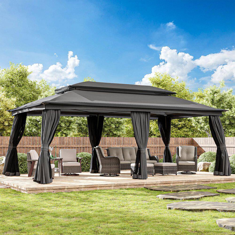 Zeus & Ruta 20 ft. x 10 ft. Gray Canopy Gazebo with Double-Tier Roof ...