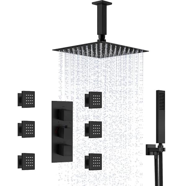 EVERSTEIN Luxury 3-Spray Patterns Thermostatic 12 in. Ceiling Mount Rainfall Shower Faucet and ...