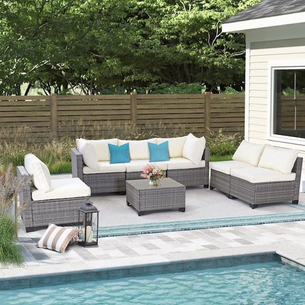 Modular Free Combination Gray 7-Piece PE Wicker Patio Conversation Set ...