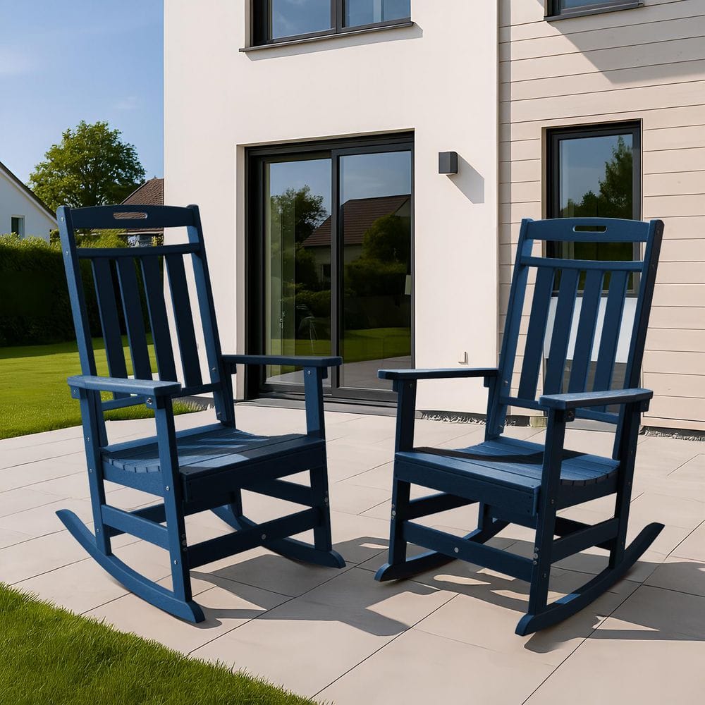 UPLAND Navy Blue HDPE Plastic Outdoor Rocking Chair, Porch Deck Rocker ...