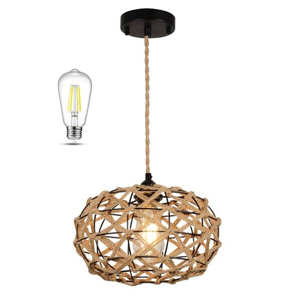 Jushua 1-Light Brown Hemp Rope Cage Chandelier, Hanging Ceiling Light ...