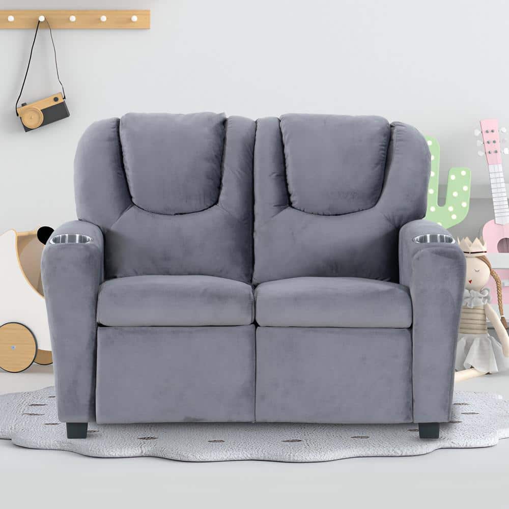 HOMESTOCK Gray Push Back Kids Loveseat with Footrest & Cup Holders ...