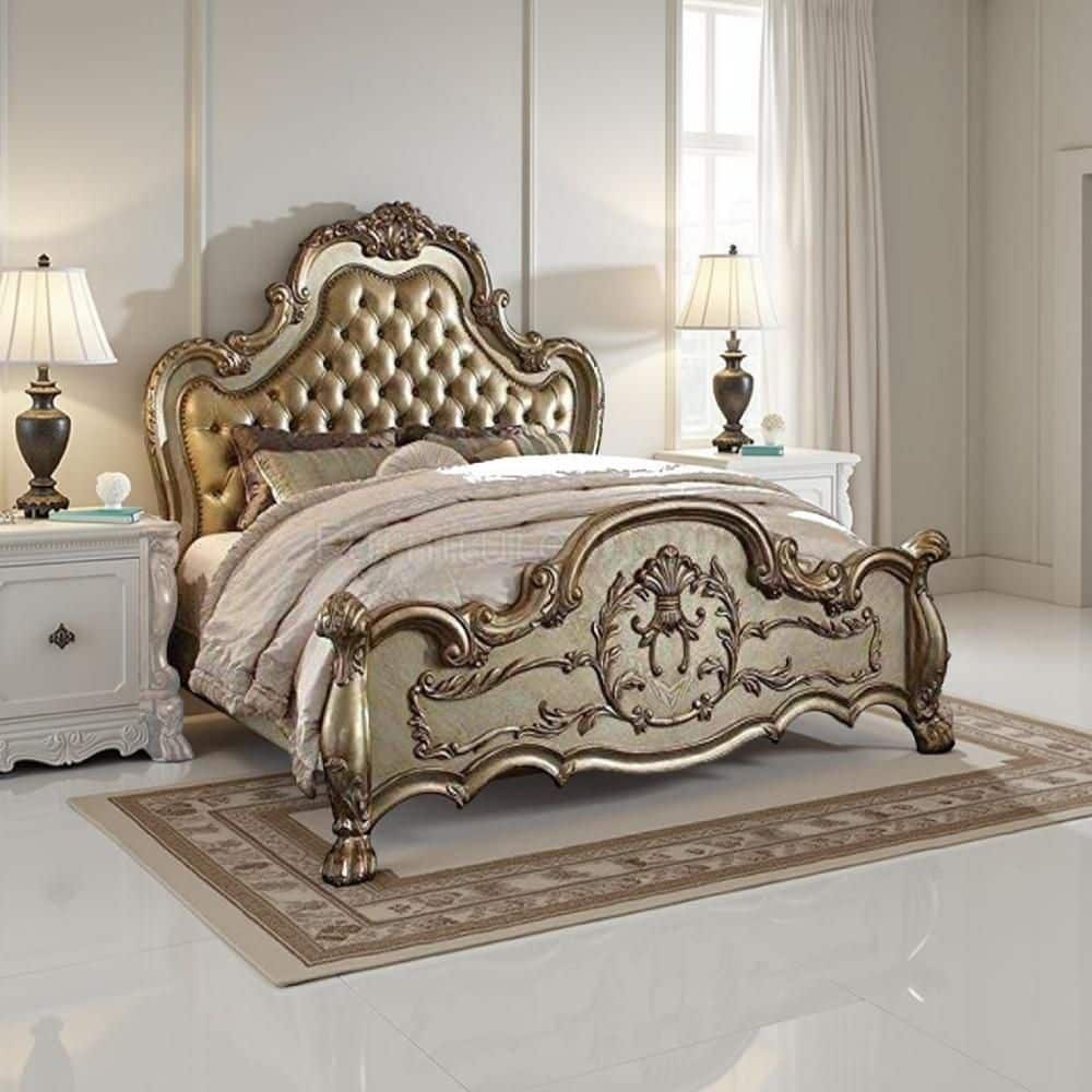 Benjara Scalloped Gold Wood Frame King Size Panel Bed with Claw Poster ...