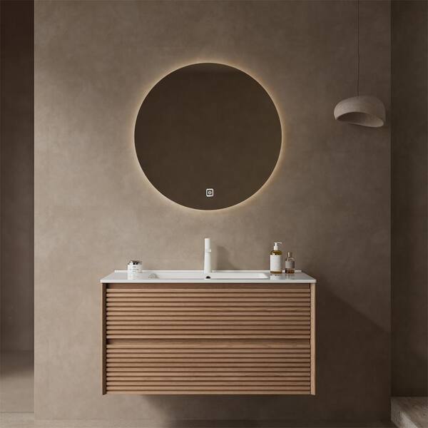 PARASOLAR 36 in. Floating Walnut Bath Vanity with White Ceramic Top and ...