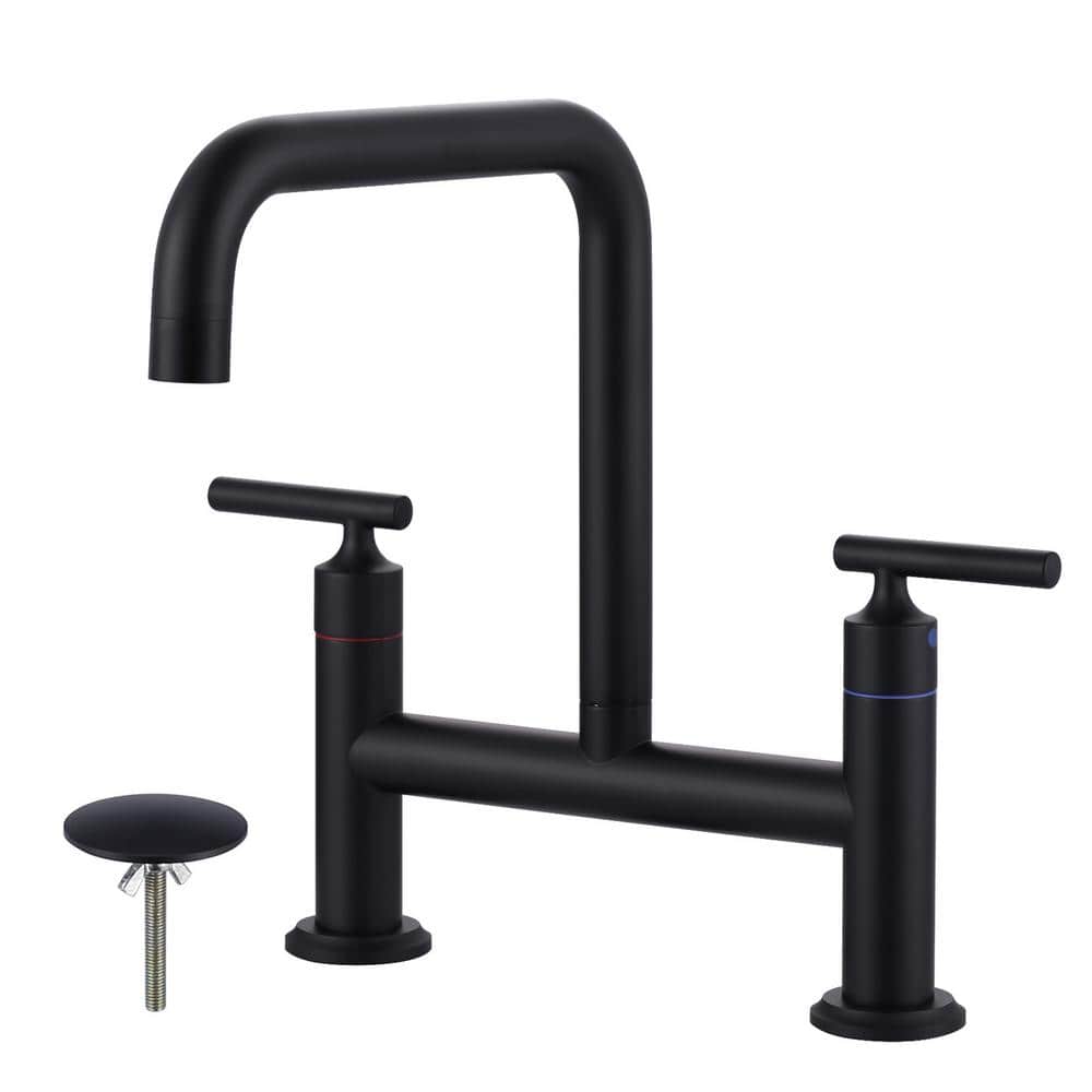 ALEASHA Double Handle Bridge Kitchen Faucet in Matte Black AL-1A33B ...