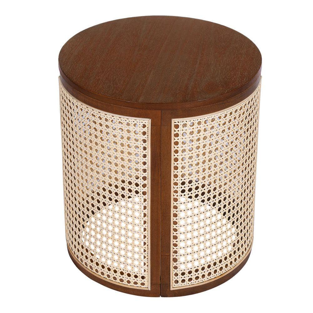 15.70 in. Round Side Table, Openwork Woven Side Table, Small Rubberwood ...