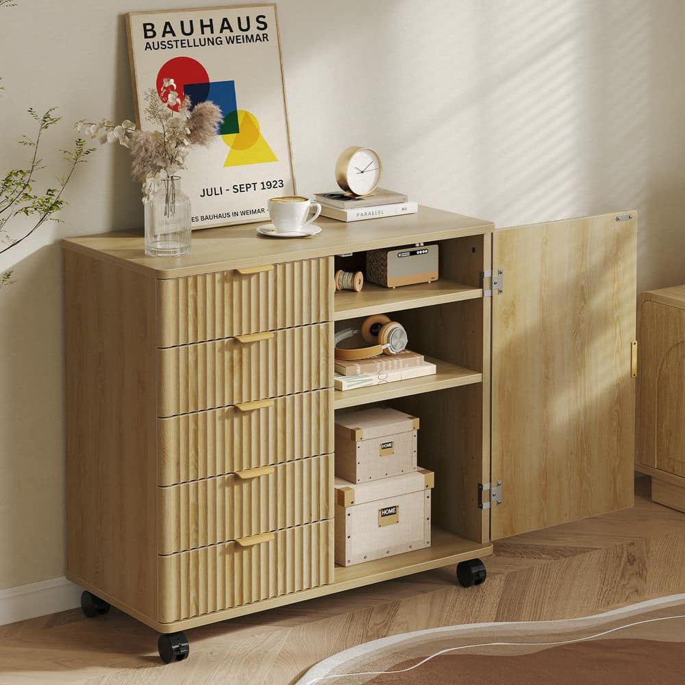 Bestier 5-Drawer Natural Oak Wood 32 in. W Rolling Lateral File Cabinet ...