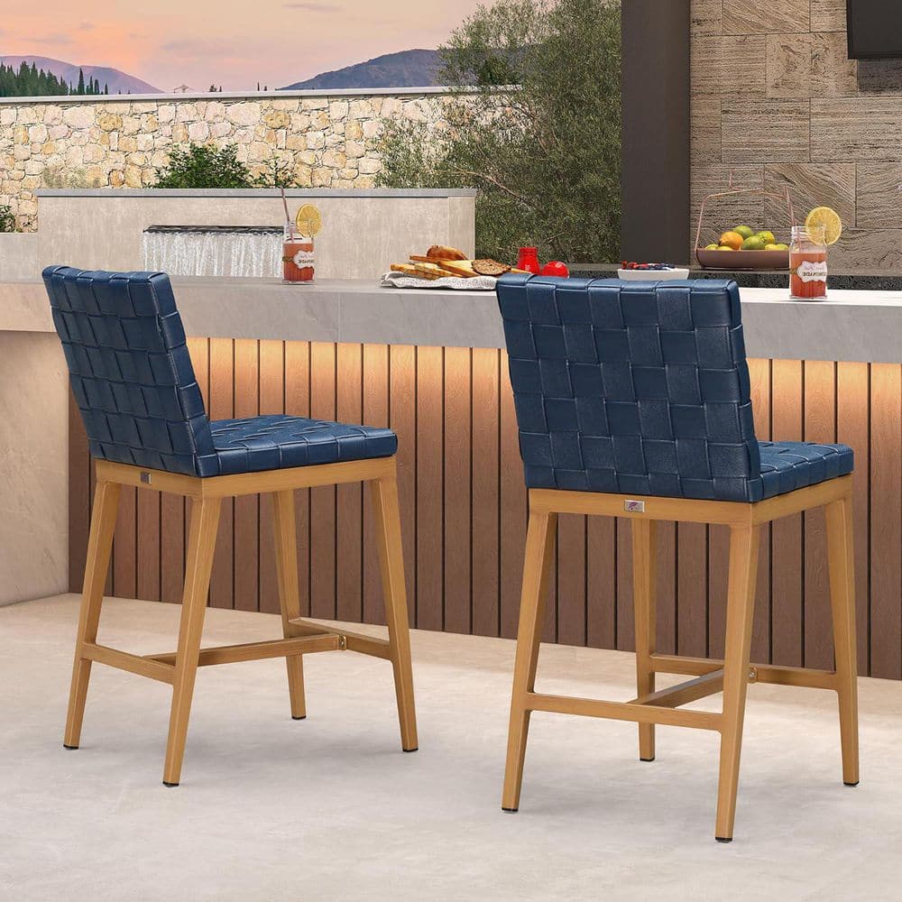 PURPLE LEAF Aluminum Frame Counter Height Outdoor Bar Stools PU Leather ...