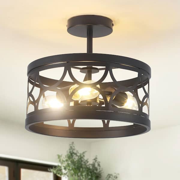 ETONIMERR 12.6 in. 3-Light Black Cage Drum Semi-Flush Mount Ceiling ...