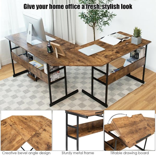 L Shaped Computer Desk with Tiltable Tabletop Rustic Brown