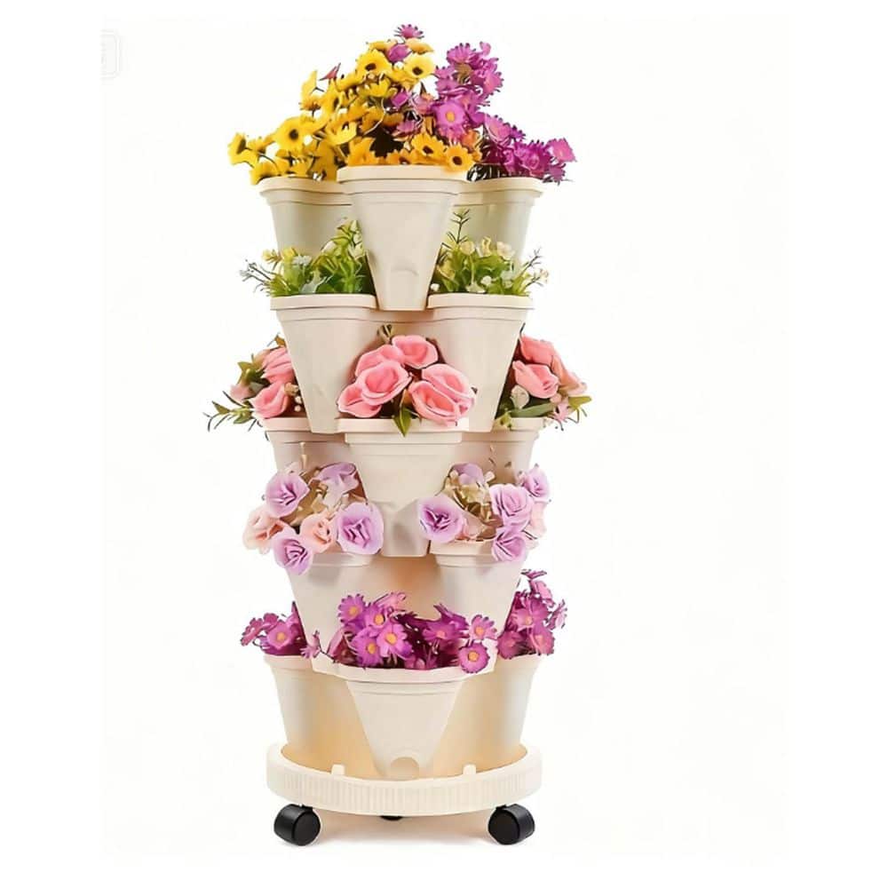 5 Tier Vertical Garden Planter Plastic Stackable Tower Planters with Wheels for Strawberries ...