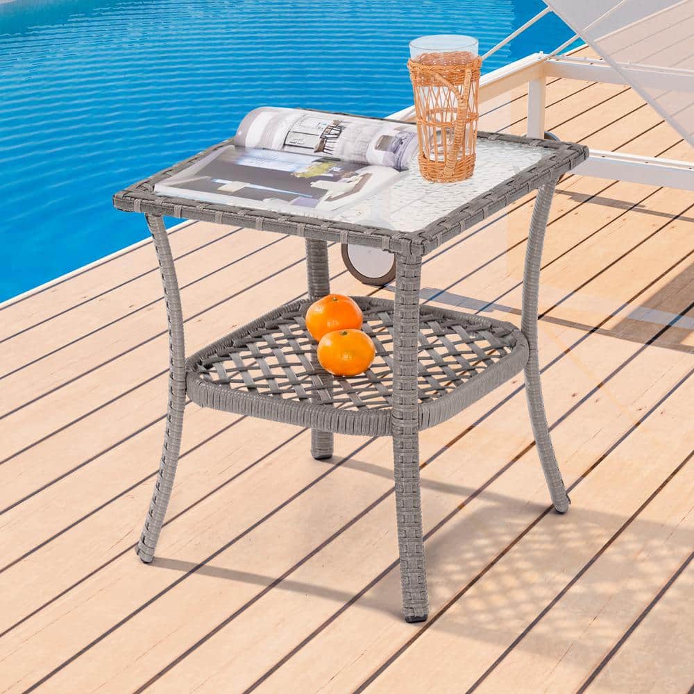 Sonkuki Outdoor Grey PE Rattan Side Table Water Corrugated Glass Tabletop Water Proof for Indoor and Outdoor R 115T2 GY The Home Depot