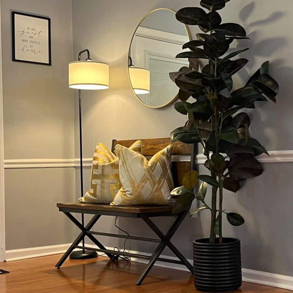 64 in. Black 1-Light Lantern Floor Lamp with Linen Shade and 9W LED ...