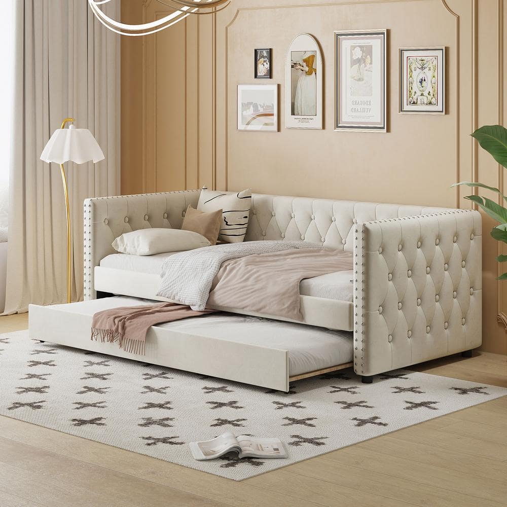 Harper And Bright Designs Riveted Tufted Design Beige Twin Size Velvet