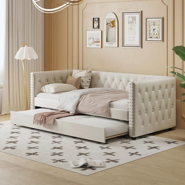 Harper And Bright Designs Riveted Tufted Design Beige Twin Size Velvet