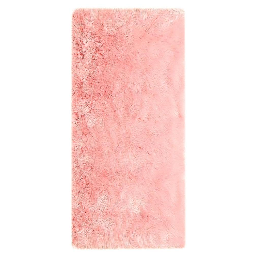 GHOUSE Silky Faux Fur Sheepskin Shag Light Pink 2 ft. x 5 ft. Fluffy ...