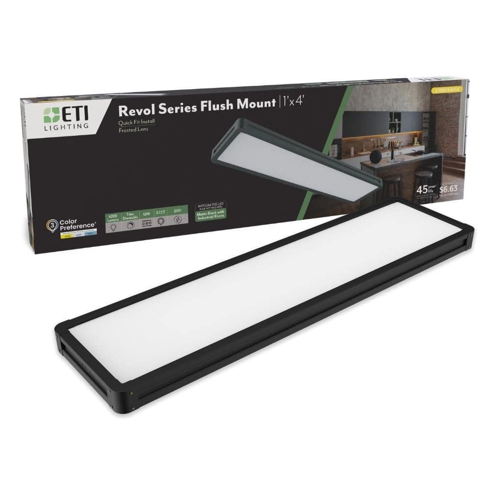 ETI LIGHTING REVOL 4 ft. x 12 in. Matte Black with Industrial Rivets LED Flush Mount 4500LM 55W ...