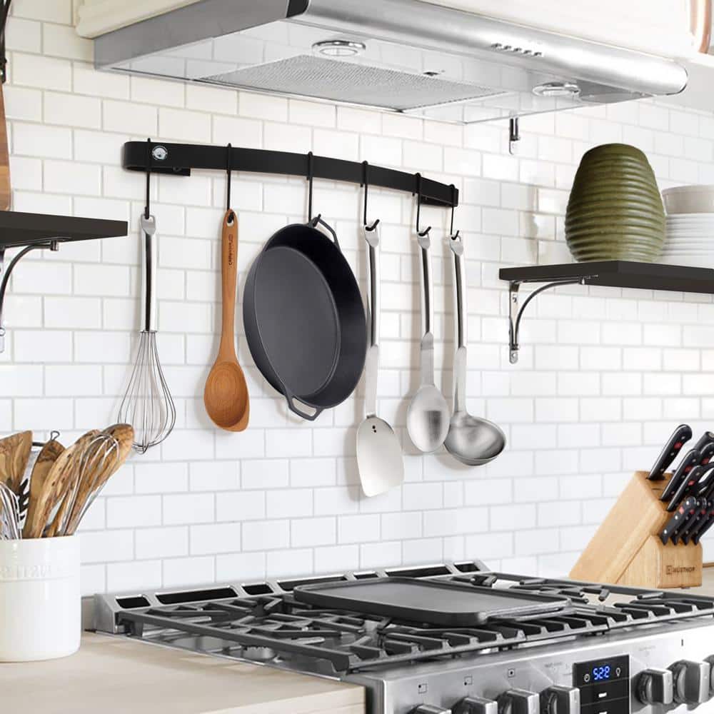 Enclume Handcrafted 30 in. Black Curved Wall Rack Utensil Bar with 6 ...