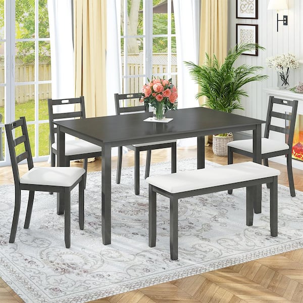 YOFE 6 Piece Rectangular Farmhouse Gray MDF Wood Top Dining Table Set with 4 Upholstered Chairs and Bench Seats 6 Camy FDSSP002GY DTSET01