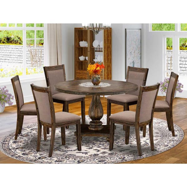 East West Furniture 7 Piece Distressed Jacobean Finish Solid Wood Top Dining Table with 6 Parson Chairs with Lattice Back I2MZ7 748 440 HD