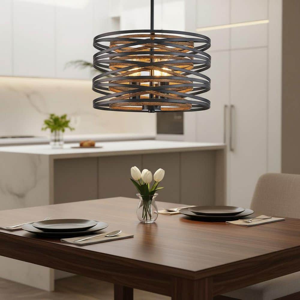 YANSUN 13 in. 3-Light Black Walnut Chandelier,Rustic Industrial Cage ...