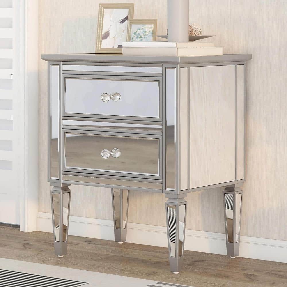 Harper & Bright Designs Elegant Silver Mirrored 2-Drawer 24 in. W ...