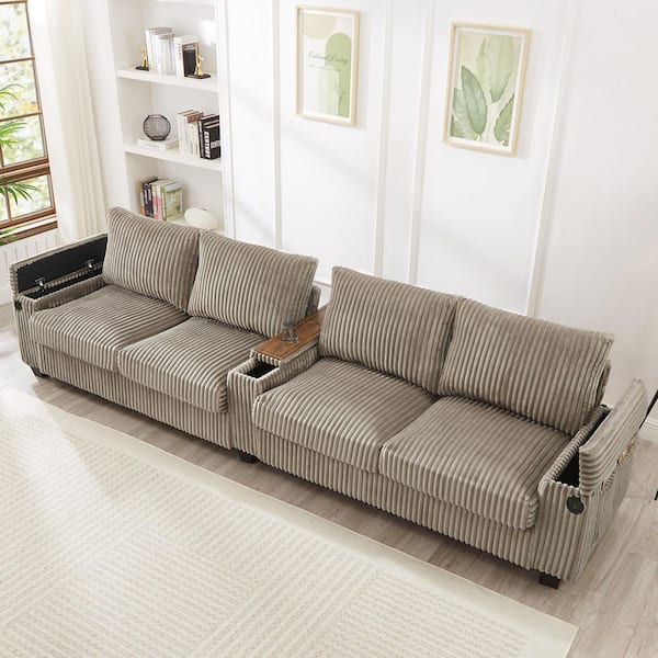 Harper & Bright Designs 133 in. Square Arm Corduroy Rectangle Sofa in. Brown with USB Ports ...
