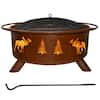Moose and Trees 29 in. x 18 in. Round Steel Wood Burning Fire Pit in ...