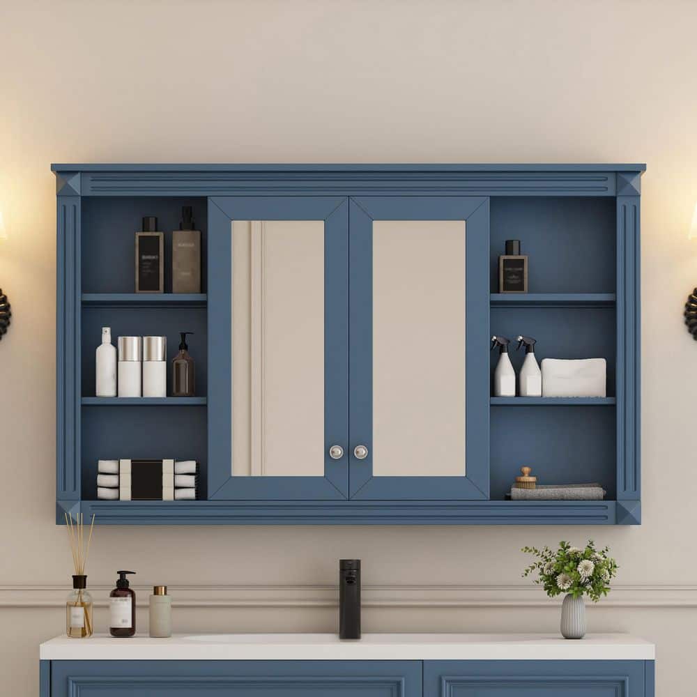 JimsMaison 47 in. W x 29 in. H Rectangular Blue MDF Medicine Cabinet ...