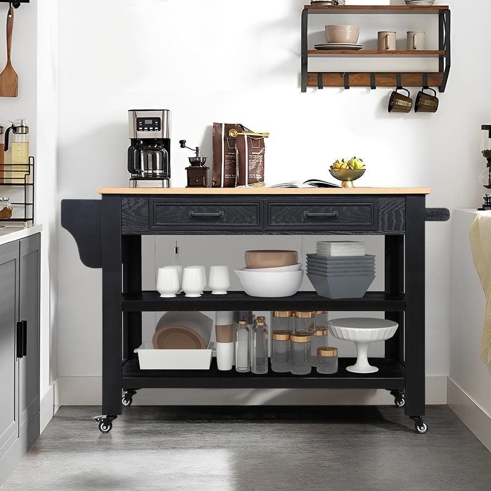 WarmieHomy Solid Wood Natural Top Black Rolling Kitchen Cart Wine and ...