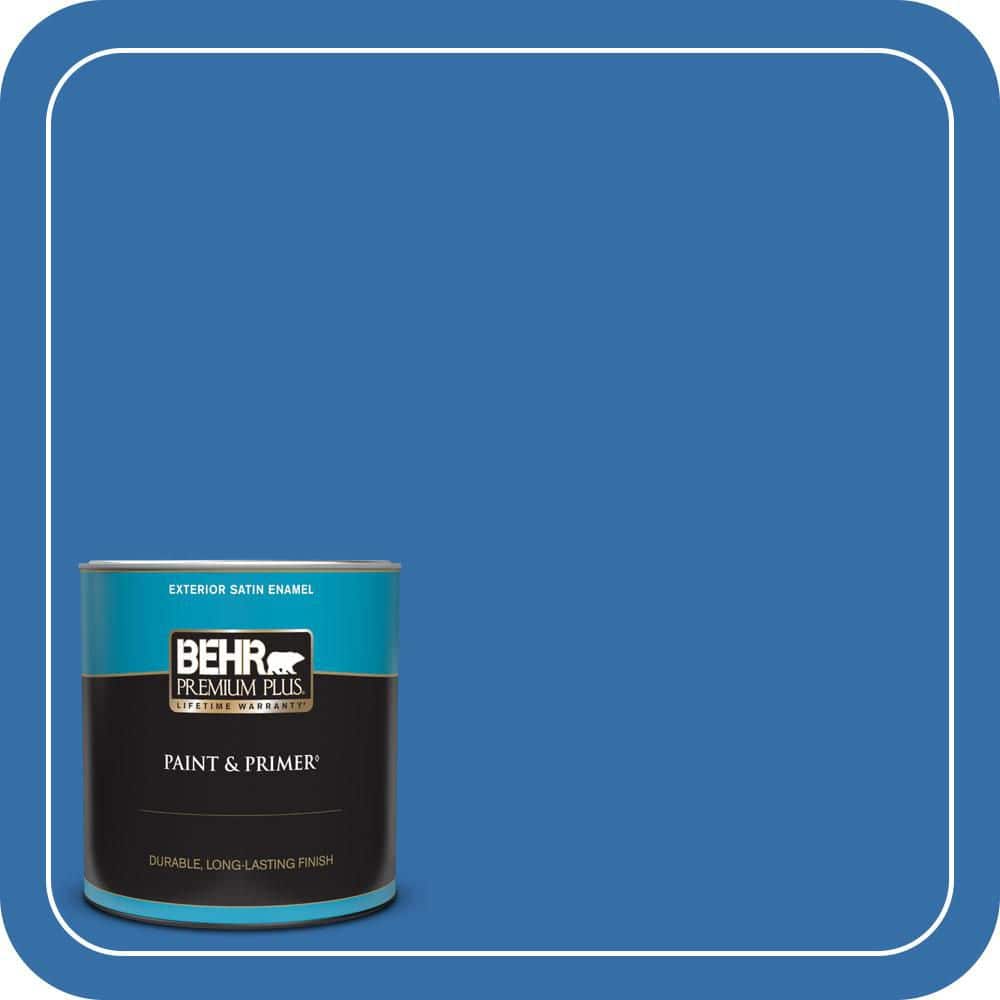 BEHR PREMIUM PLUS 1 qt. #P520-6 Mega Blue Satin Enamel Exterior Paint ...