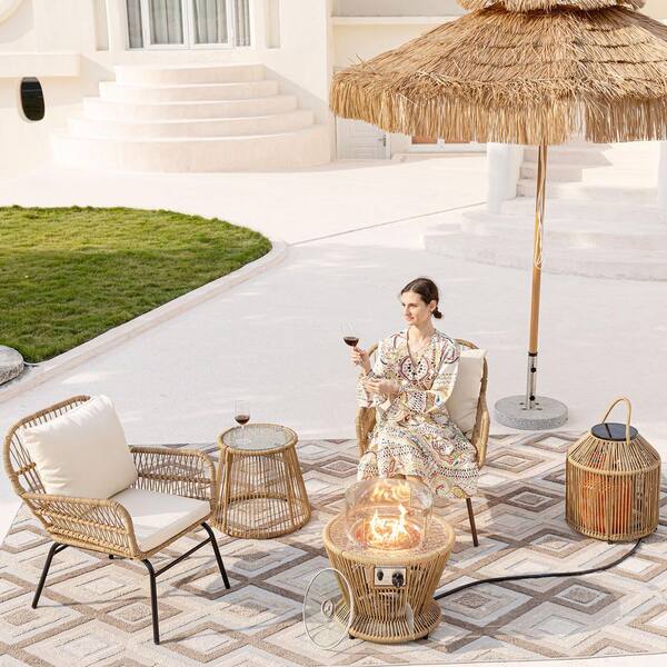 FINCATI Boho 4 Piece Beige Wicker Patio Bistro Chair Set with Side Table and Fire Pit and Cream Cushions HD Y63N