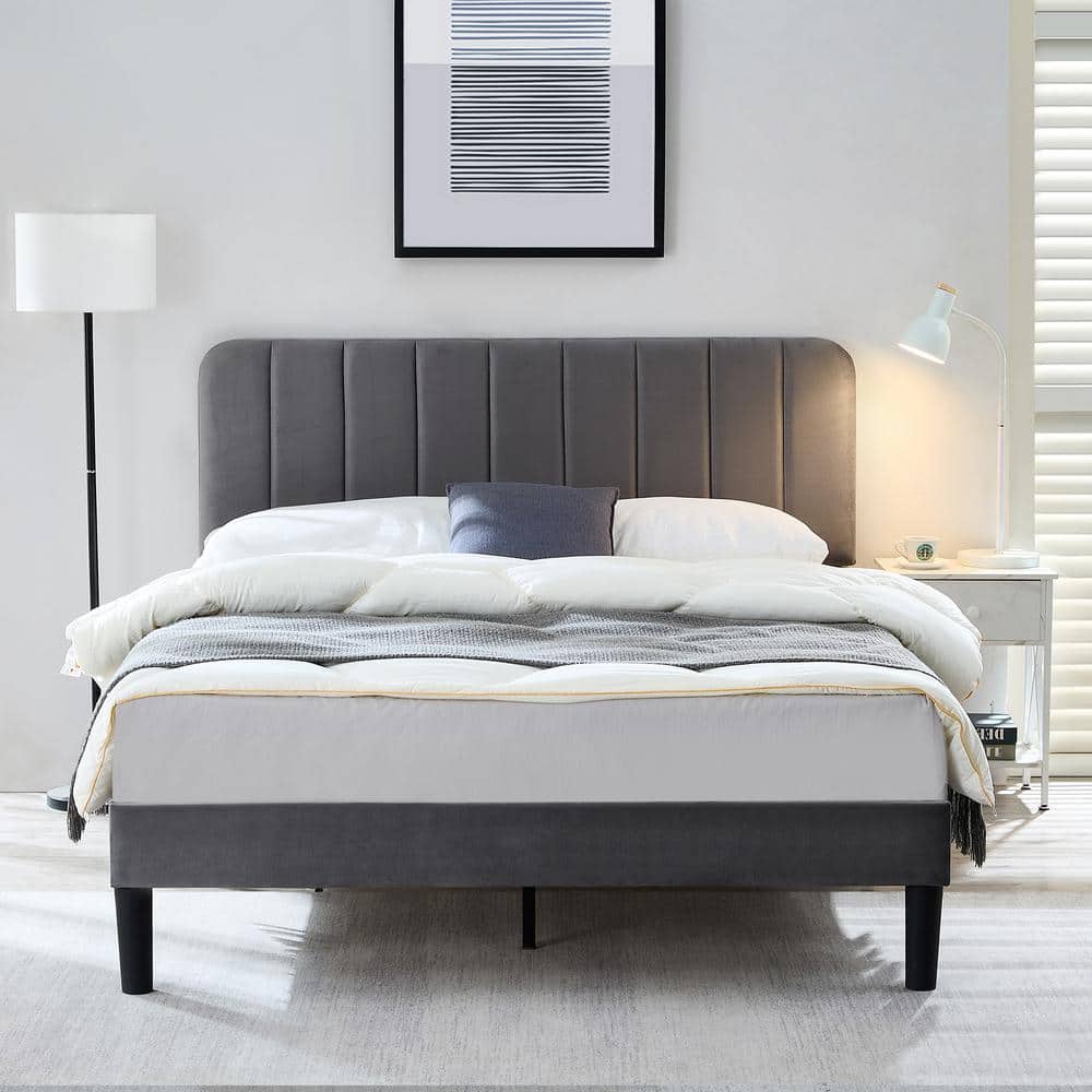 VECELO Upholstered Bed Frame Gray Metal Frame Full Platform Bed with ...