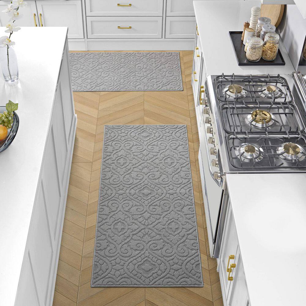 Laura Ashley Feya Solid Light Gray 2 ft. x 5 ft. Medallion 2-Piece Rug ...