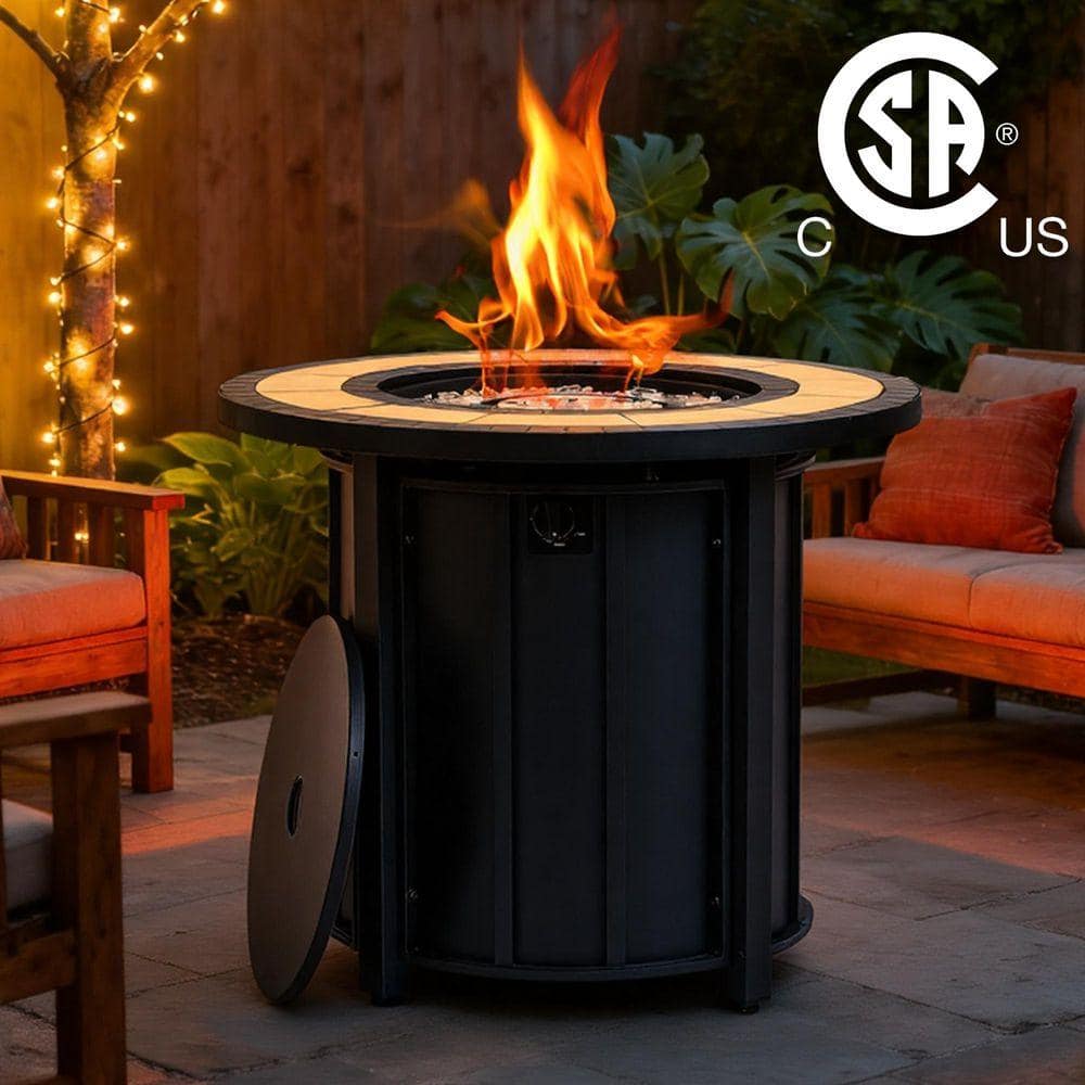 SUNRINX Black Round Steel Outdoor Fire Pit Coffee Table with Mosaic ...