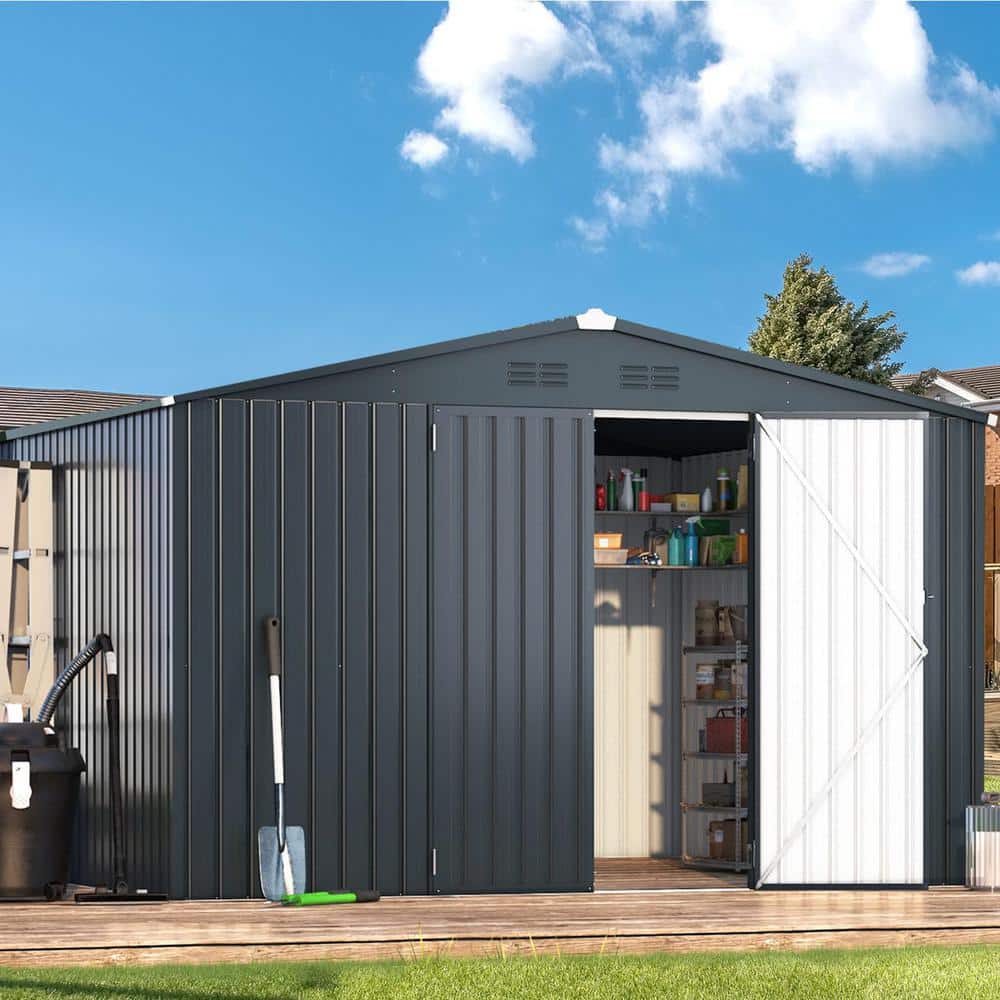 AECOJOY 12 ft. W x 10 ft. D Metal Shed with Double Lockable Door, Dark ...