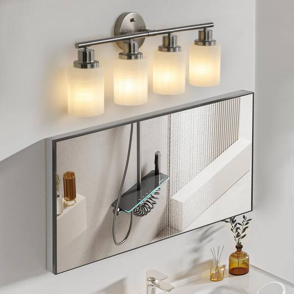Gloweer 24 in. 4-Light Chrome Vanity Lights Wall Sconces with Frosted ...