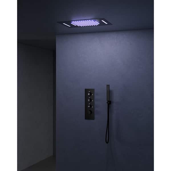 EVERSTEIN 4-Handles LED 7-Spray Square High Pressure 23 in. L x 15 in. W with Handheld Shower ...