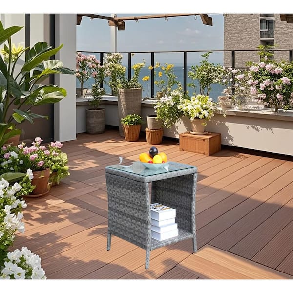 19'' Wicker Outdoor Patio Furniture 1 Coffee Table with Clear Tempered ...